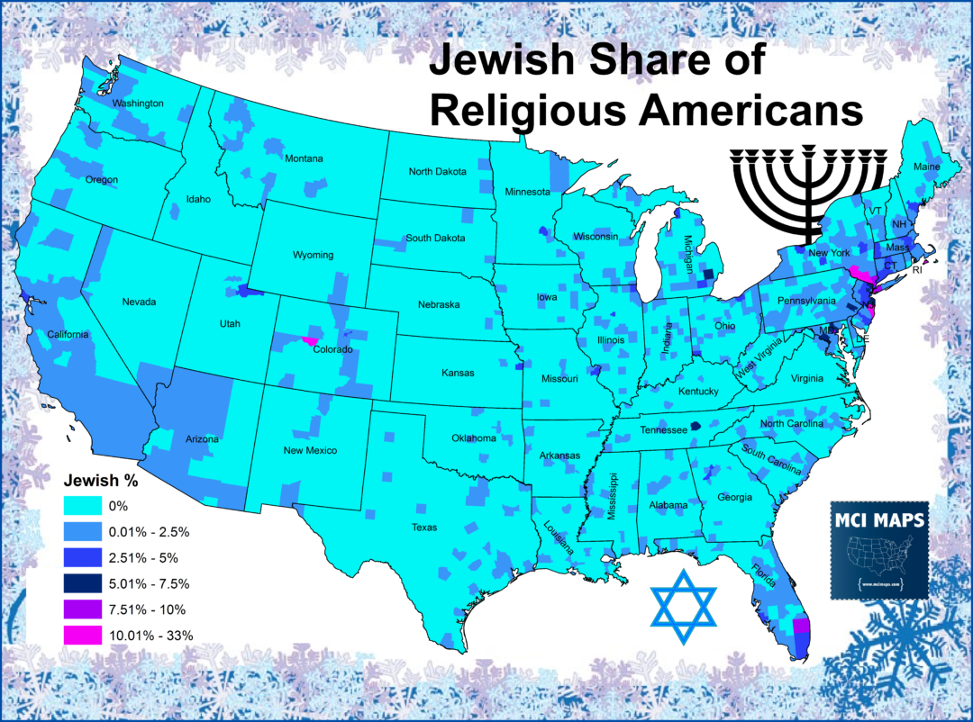 Hanukkah Article: The Geography of Jews in America - MCI Maps ...